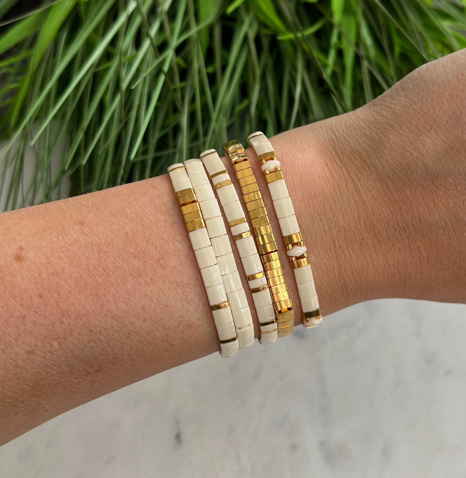 Ivory and Gold Stackable Beaded Bracelets Glass Tile - Etsy