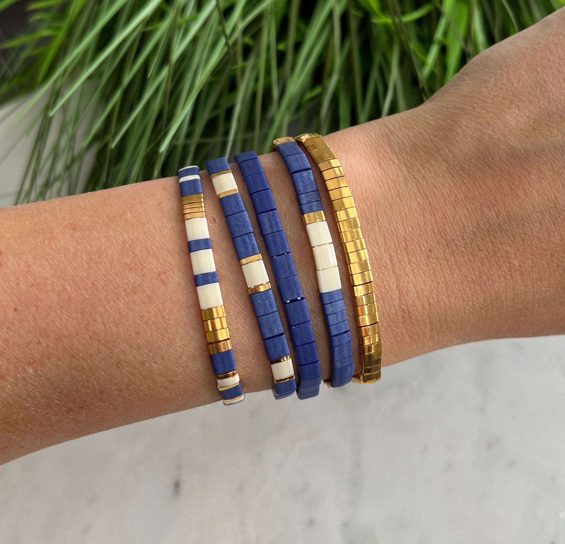 Navy Stackable Beaded Bracelets | Glass Tile Bracelets | 24k Gold ...