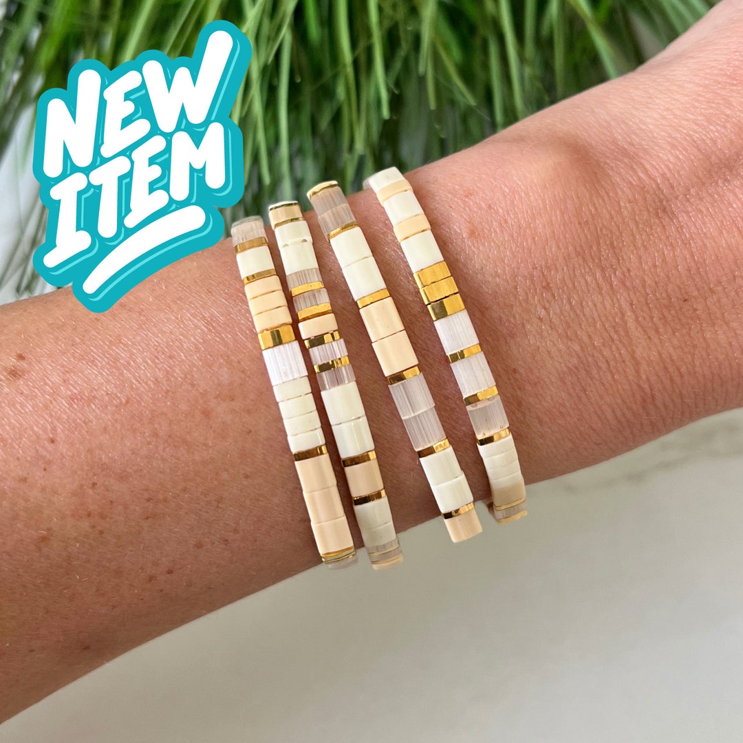 Neutral & 24k Gold Plated Stackable Beaded Bracelets | Glass Tile ...
