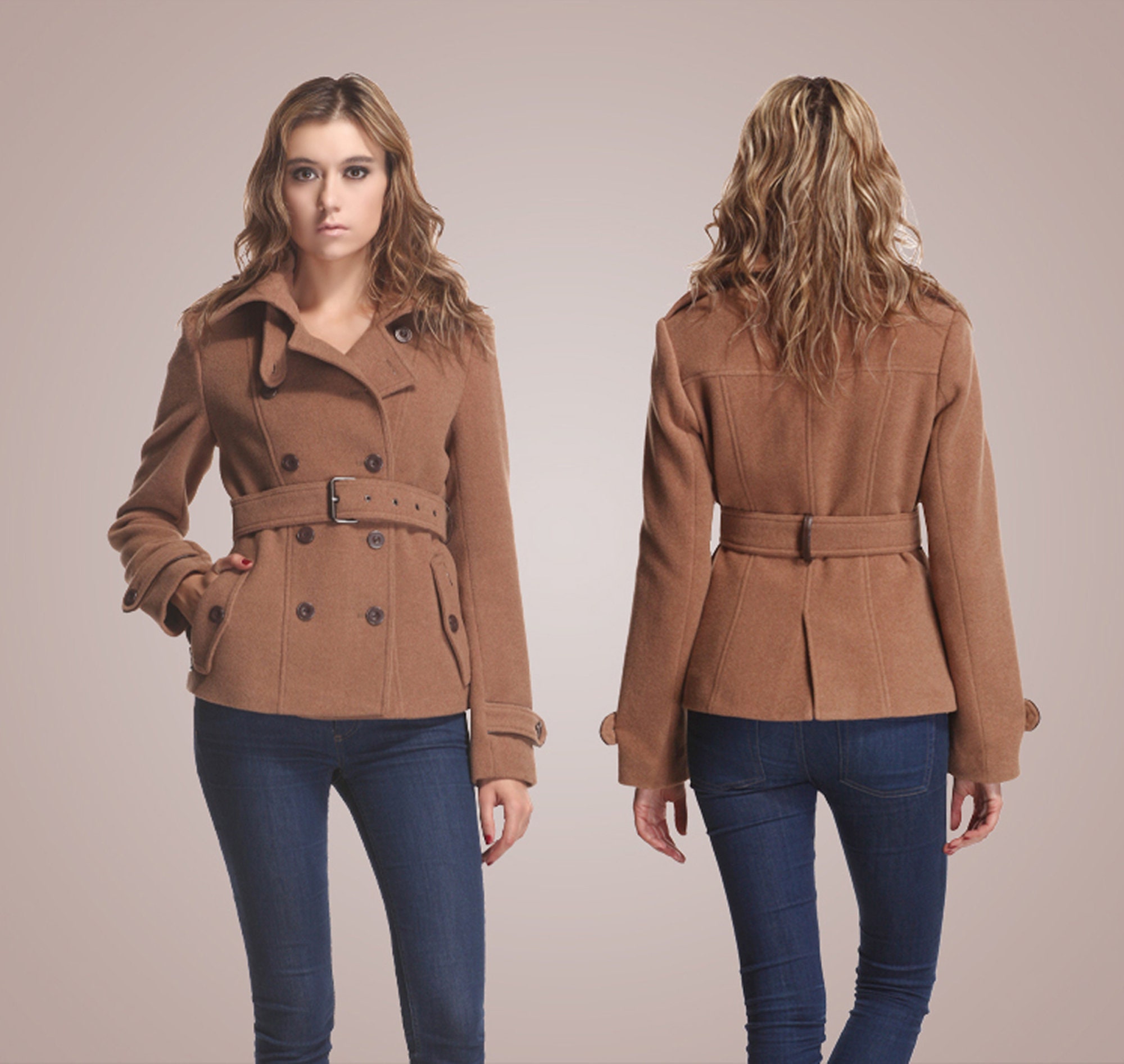 Wool Blend Short Coat with Belt | Etsy