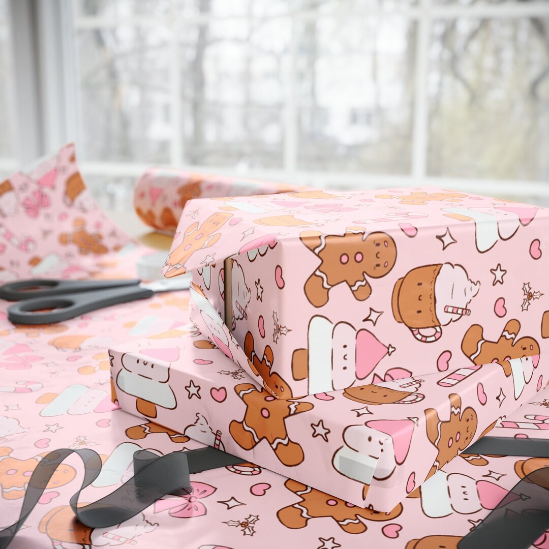 Gingerbread Wrapping Paper, Pink Christmas Tree Wrapping Paper, Pink ...