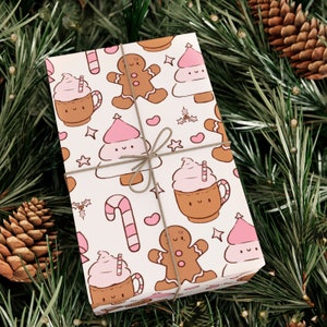 Gingerbread Wrapping Paper, Pink Christmas Tree Wrapping Paper, Pink ...