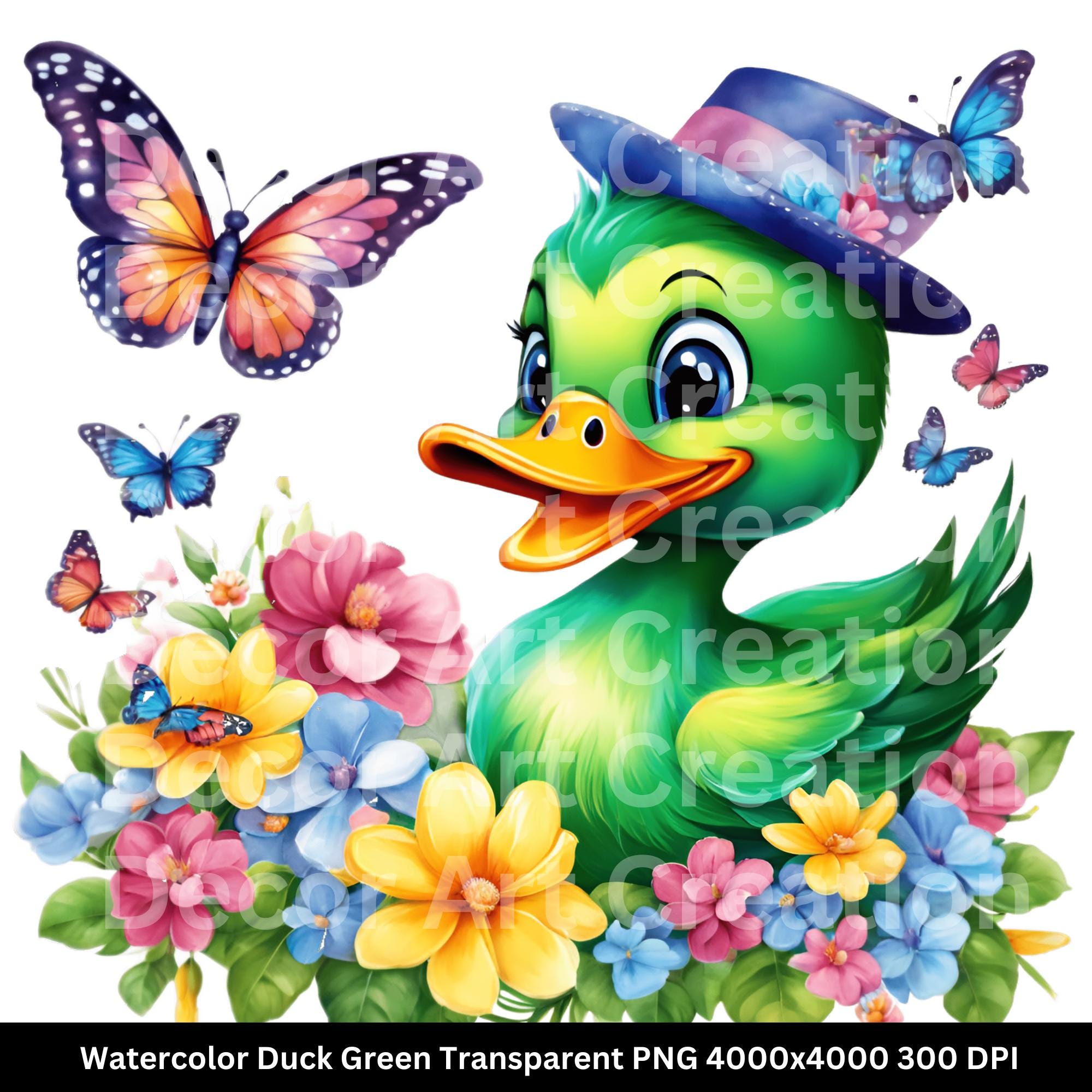 Adorable Green Duck With Flowers and Butterflies, Watercolor Clip Art ...