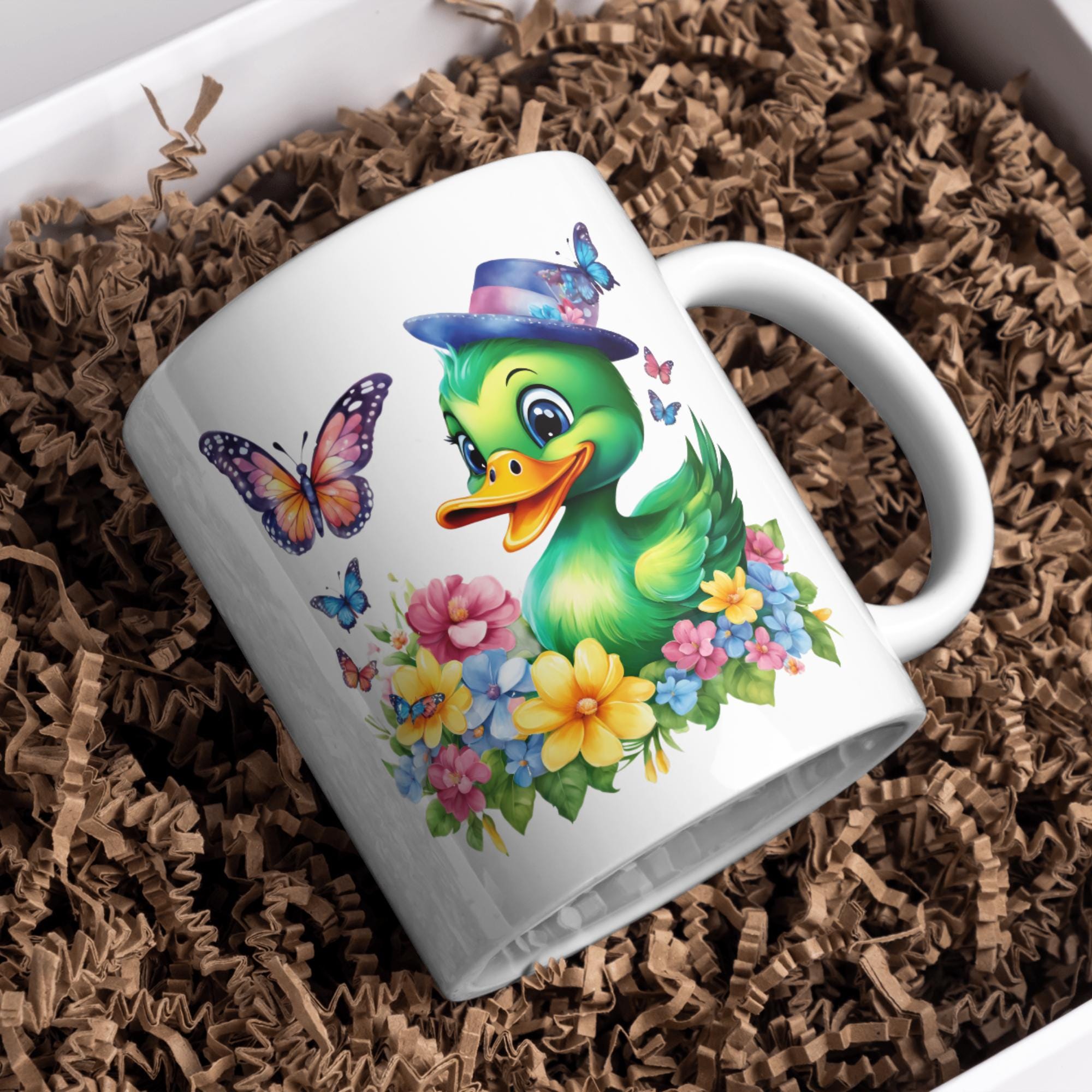 Adorable Green Duck With Flowers and Butterflies, Watercolor Clip Art ...
