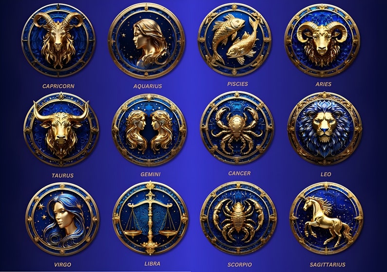 3D Gold Zodiac Digital Prints - Set of 12 Zodiac Signs Art - Astrology ...