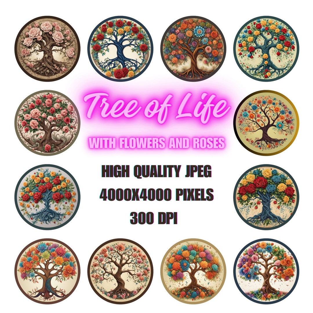 Tree of Life With Flowers and Roses | Set of Tree of Life Digital Print ...