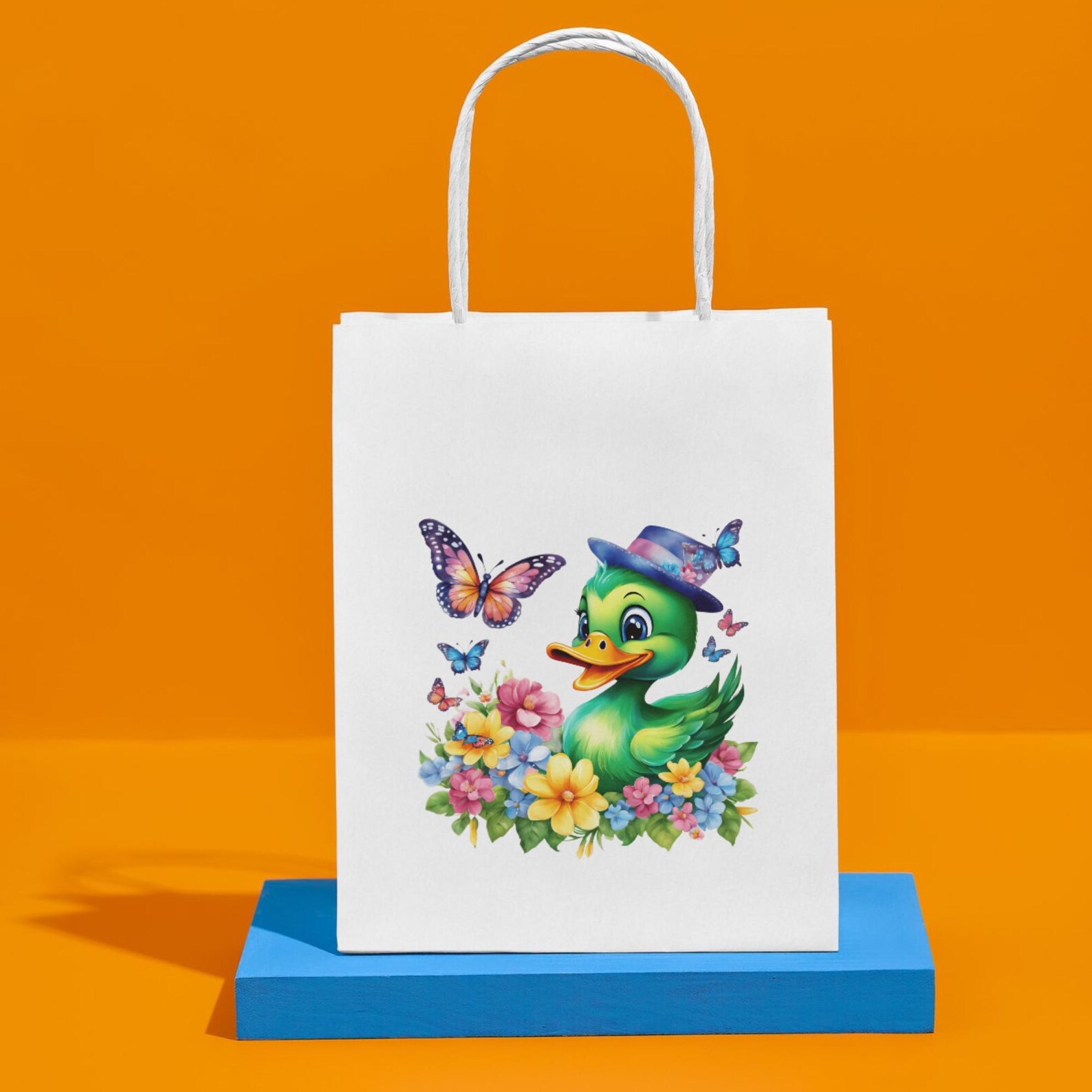 Adorable Green Duck With Flowers and Butterflies, Watercolor Clip Art ...