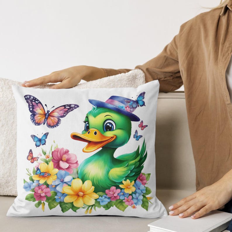 Adorable Green Duck With Flowers and Butterflies, Watercolor Clip Art ...