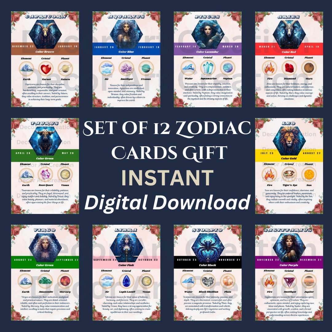 Zodiac Sign Cards Collection: Astrology PDF & JPG Files (digital ...