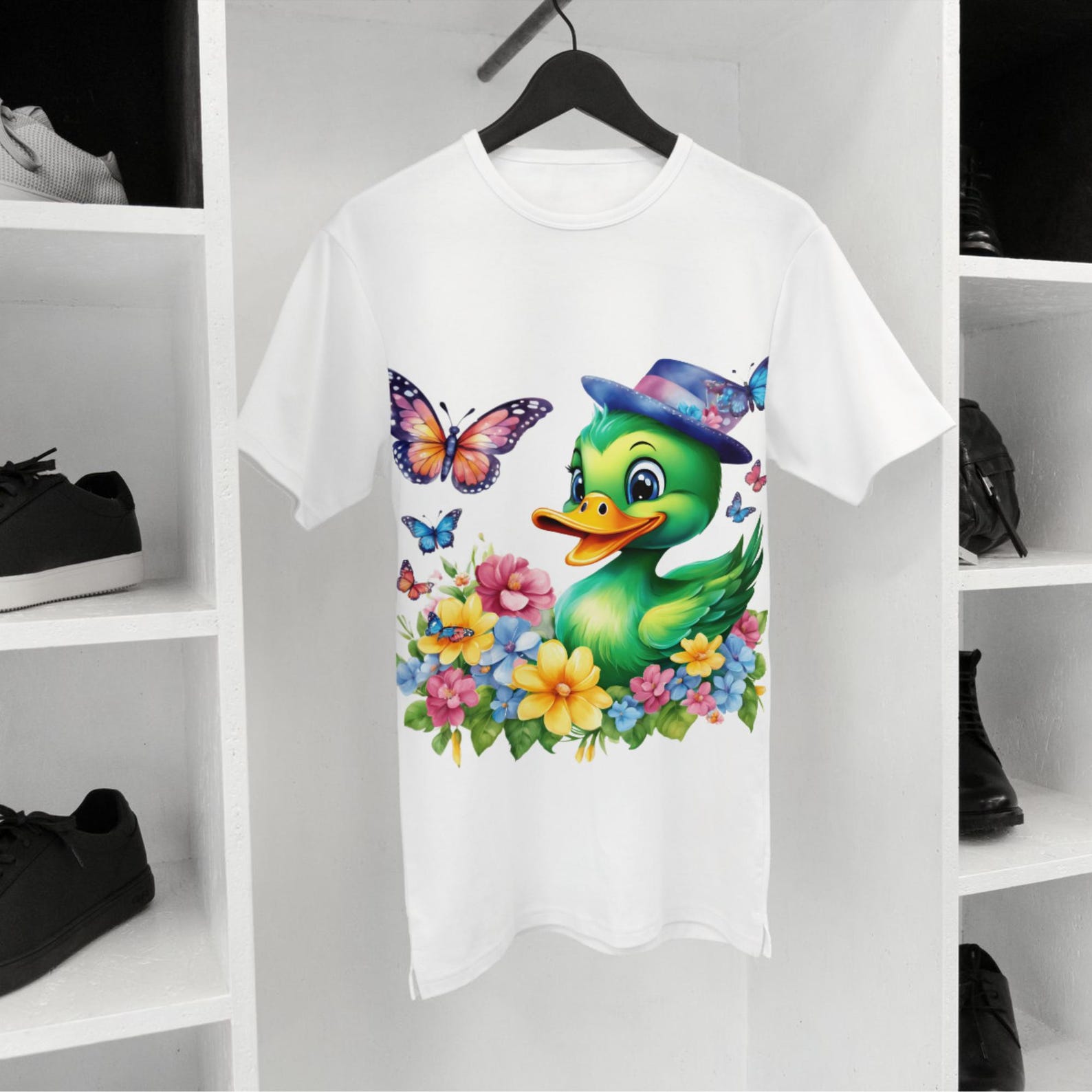 Adorable Green Duck With Flowers and Butterflies, Watercolor Clip Art ...