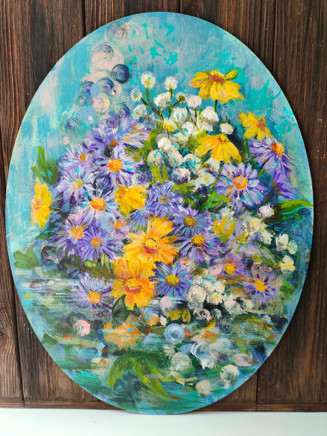 Acrylic Oval Original Painting Flowers Wall Art Wildflowers Spring Gift ...