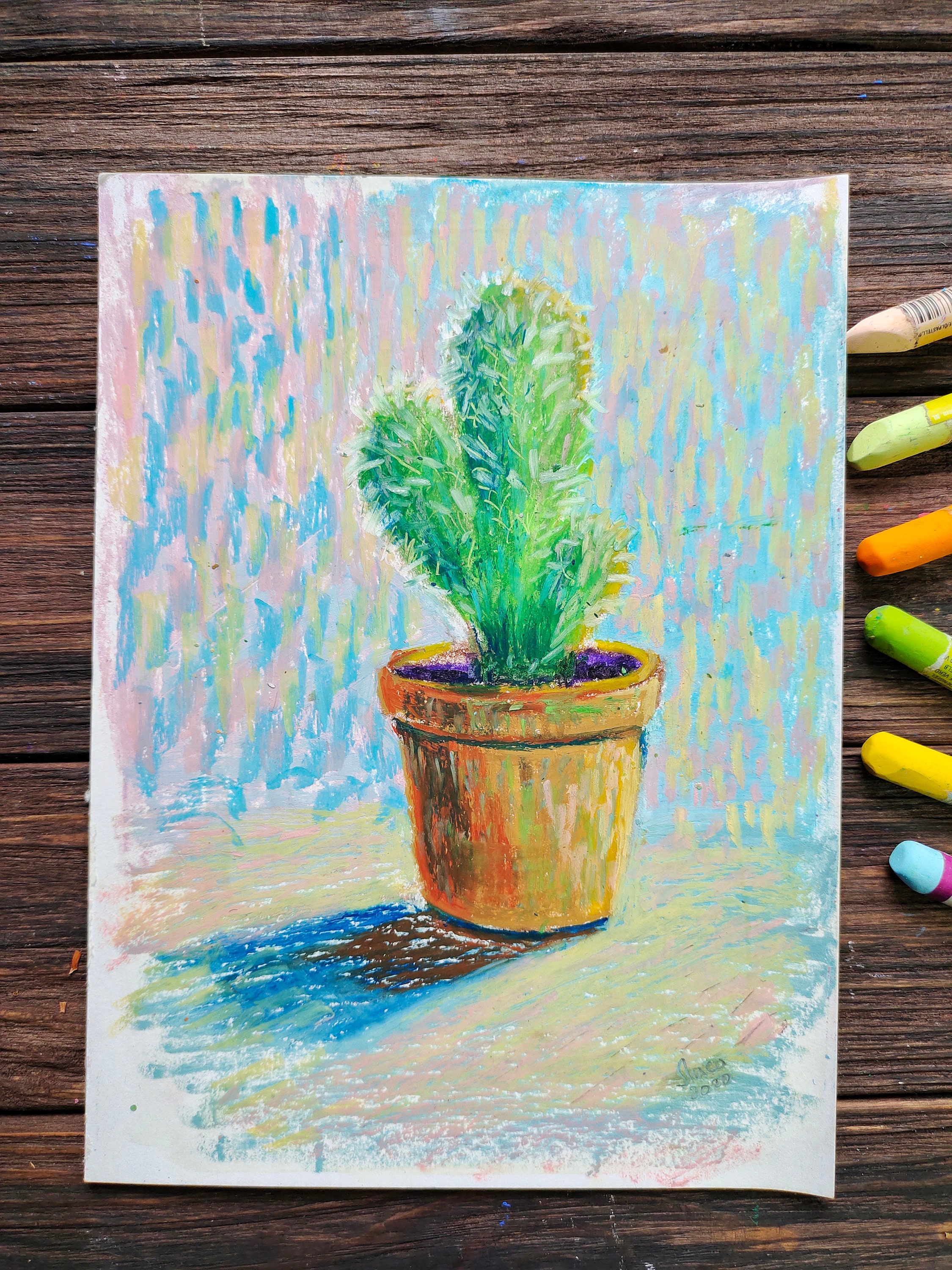 Cactus in Pot Painting Still Life Original Art Oil Pastel Artwork ...
