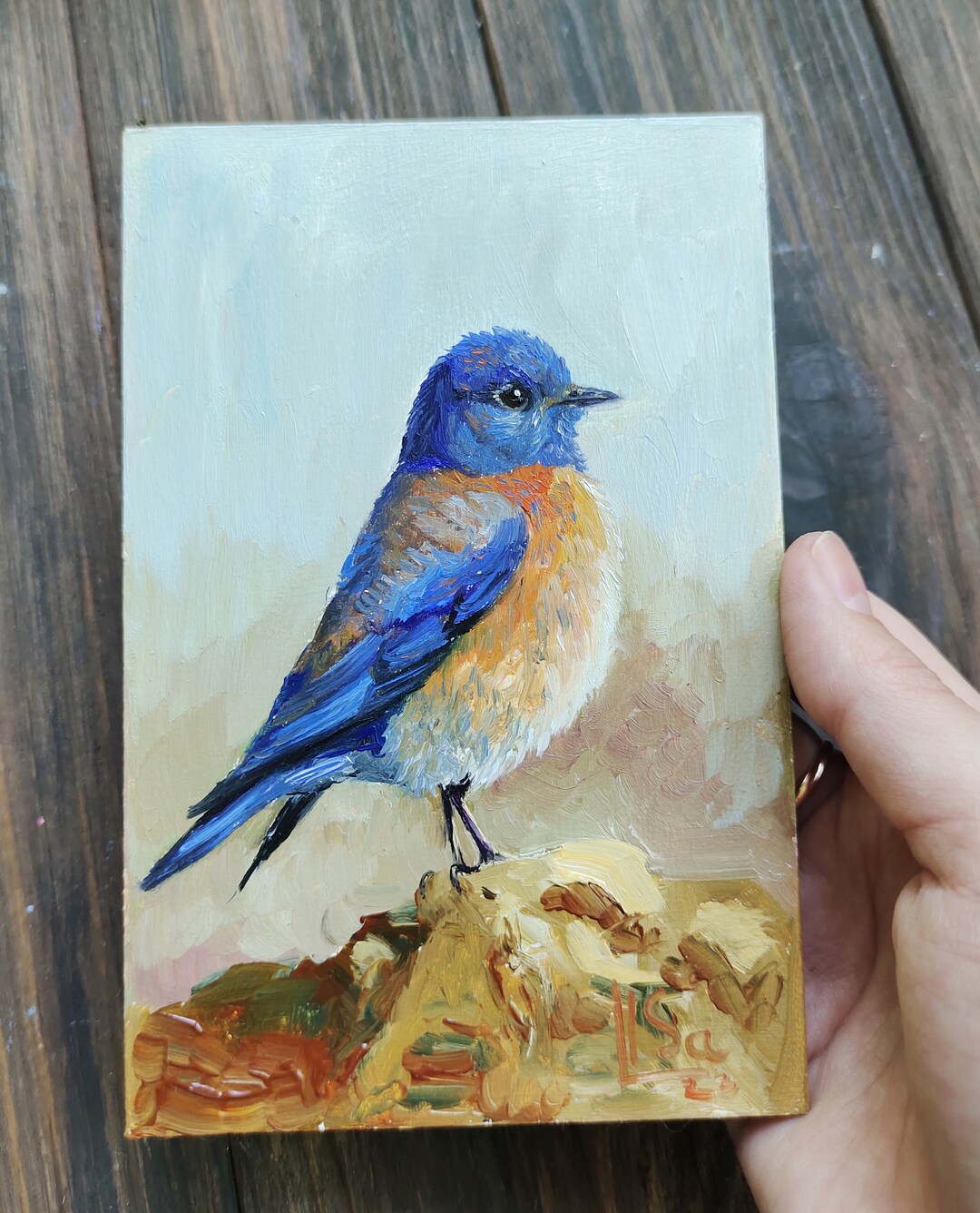 Miniature Oil Painting Sealia Blue Bird Hand Painted Original Painting ...