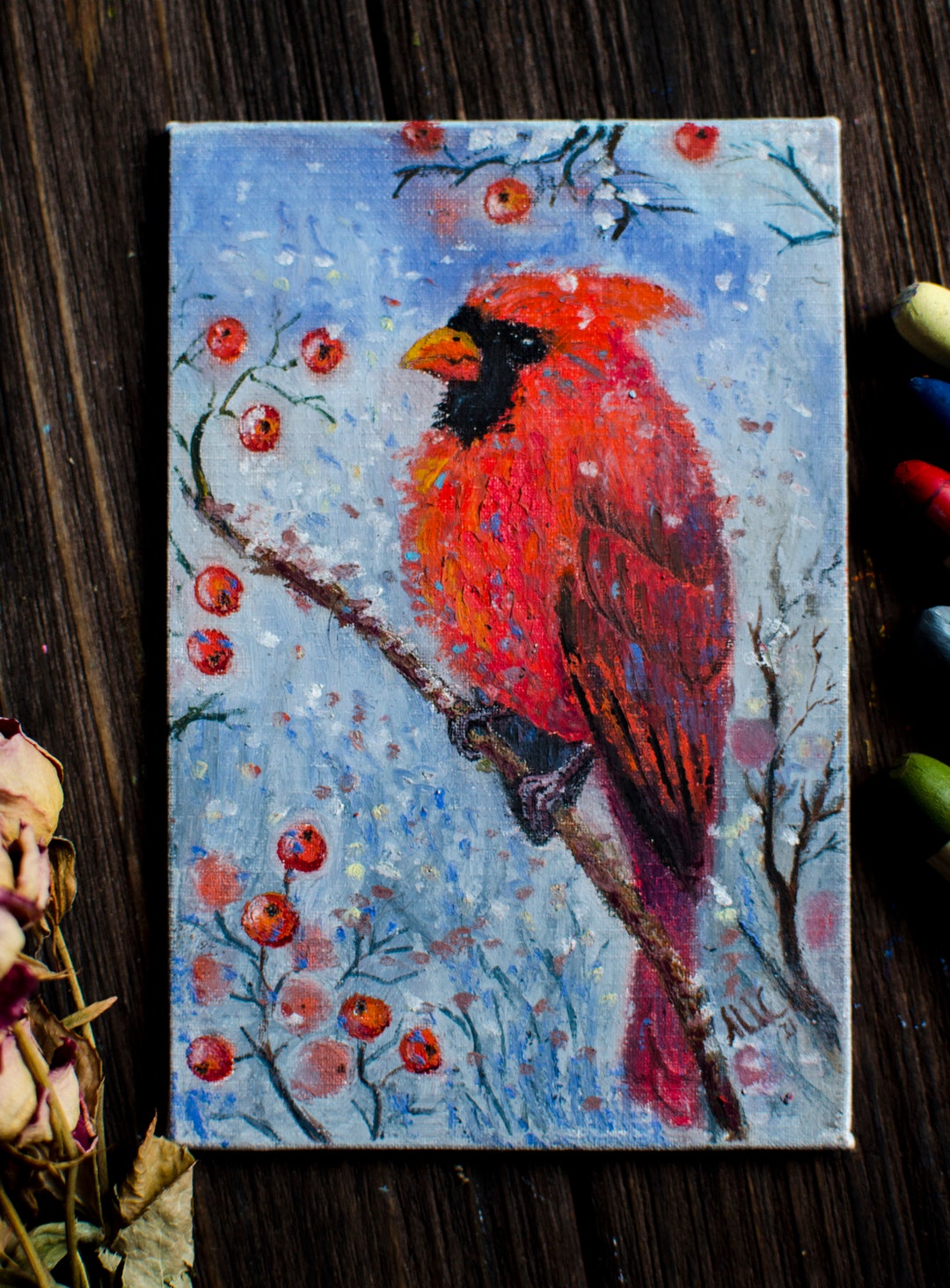 Cardinal Red Miniature Original Painting Oil Pastel Painting Bird ...