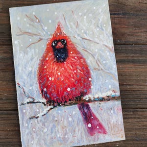 Red Cardinal Painting Original Art Snow Bird Painting Winter Holiday ...