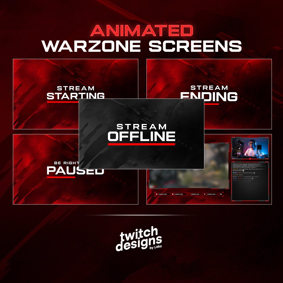 Animated WARZONE 3 Twitch Overlay for Streamer Dark Red and Black, Screens/scenes, Panels ...