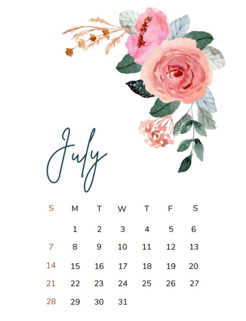PRINTABLE Calendar 2024, Instant Download, Watercolor Flowers, 2024 ...
