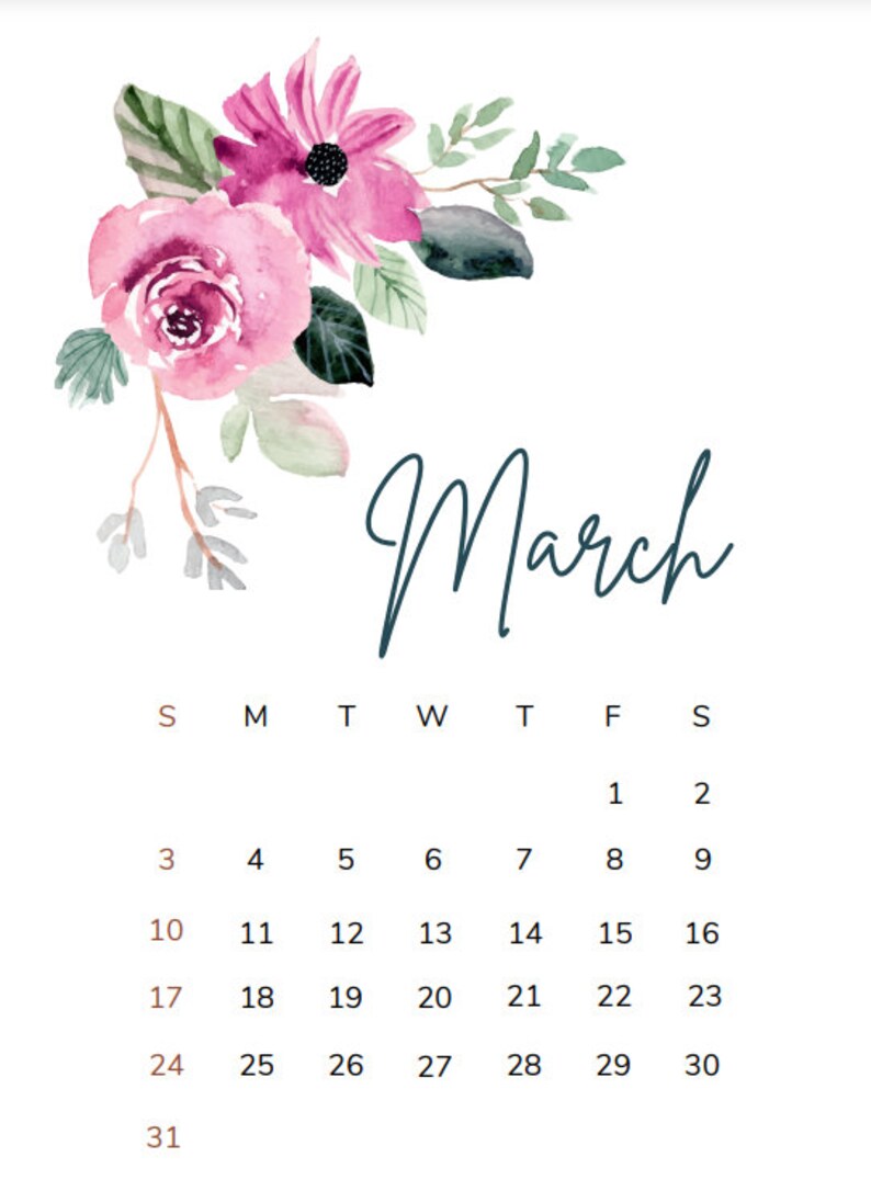 PRINTABLE Calendar 2024, Instant Download, Watercolor Flowers, 2024 ...