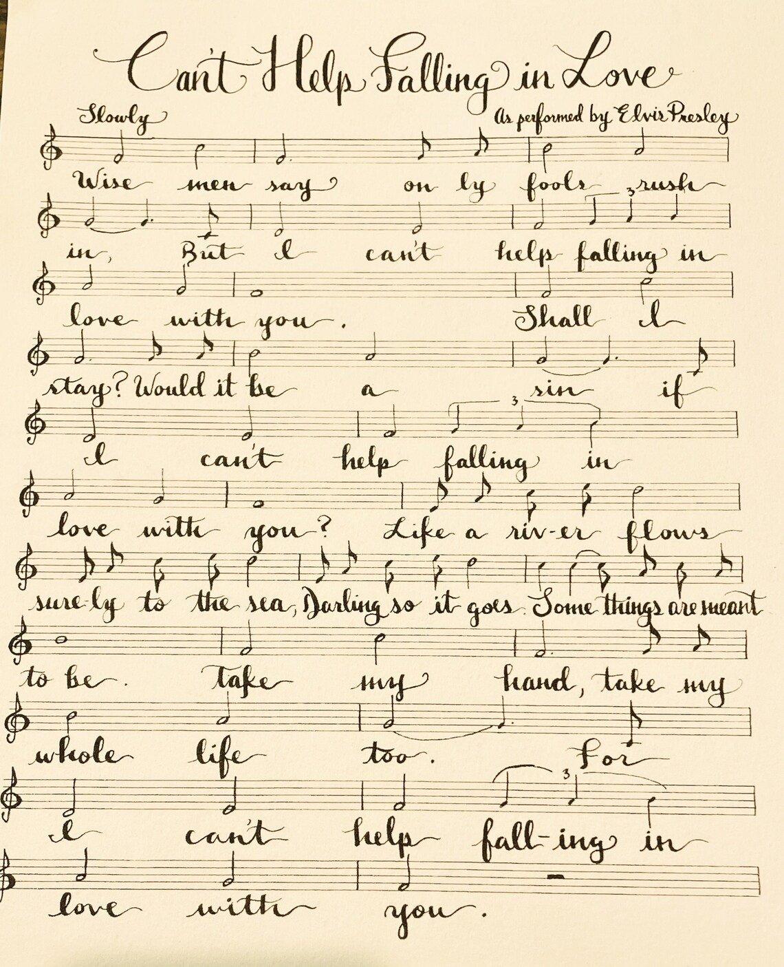 Can’t Help Falling in Love Handwritten Sheet Music - Etsy