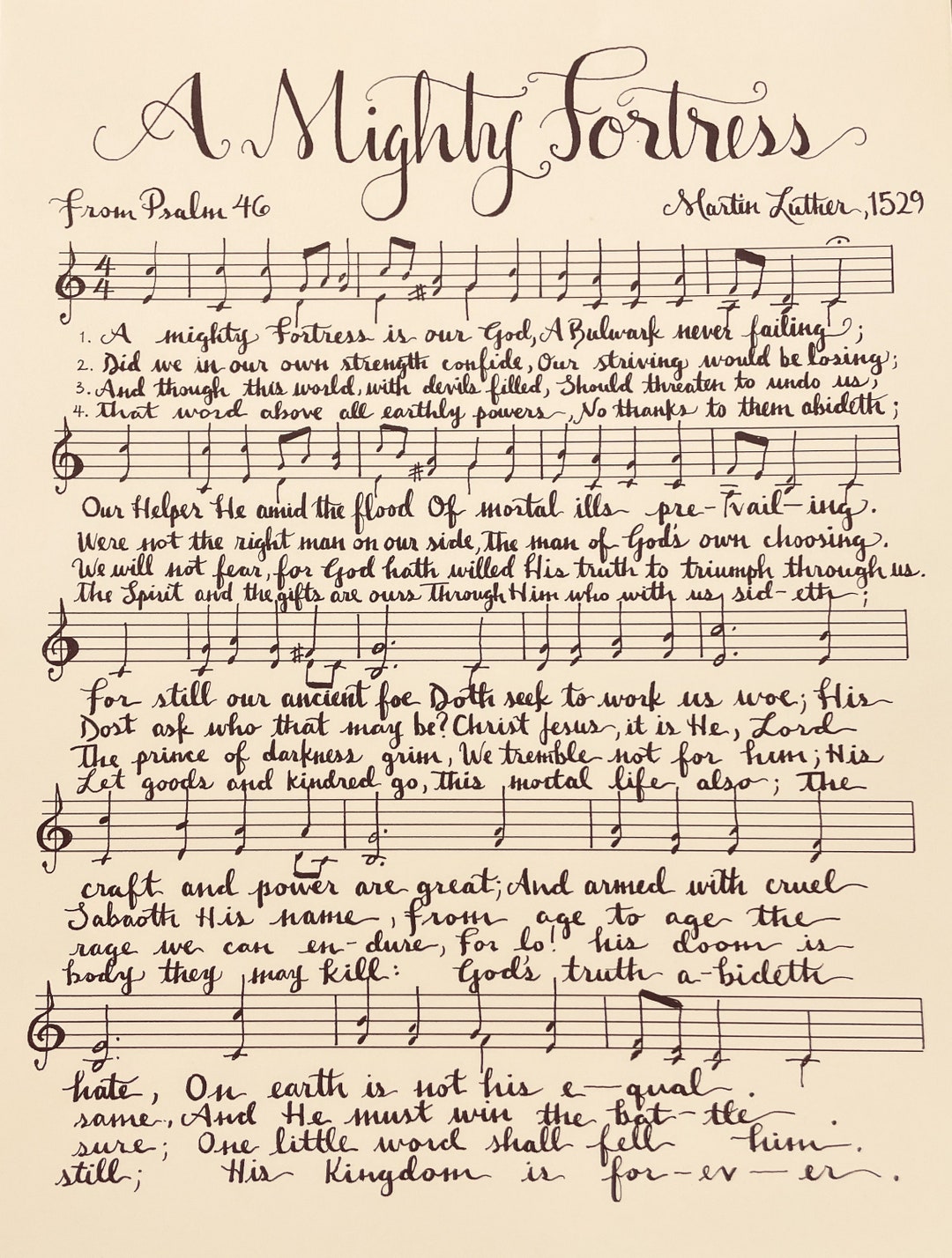 A Mighty Fortress Handwritten Sheet Music Hymn - Etsy