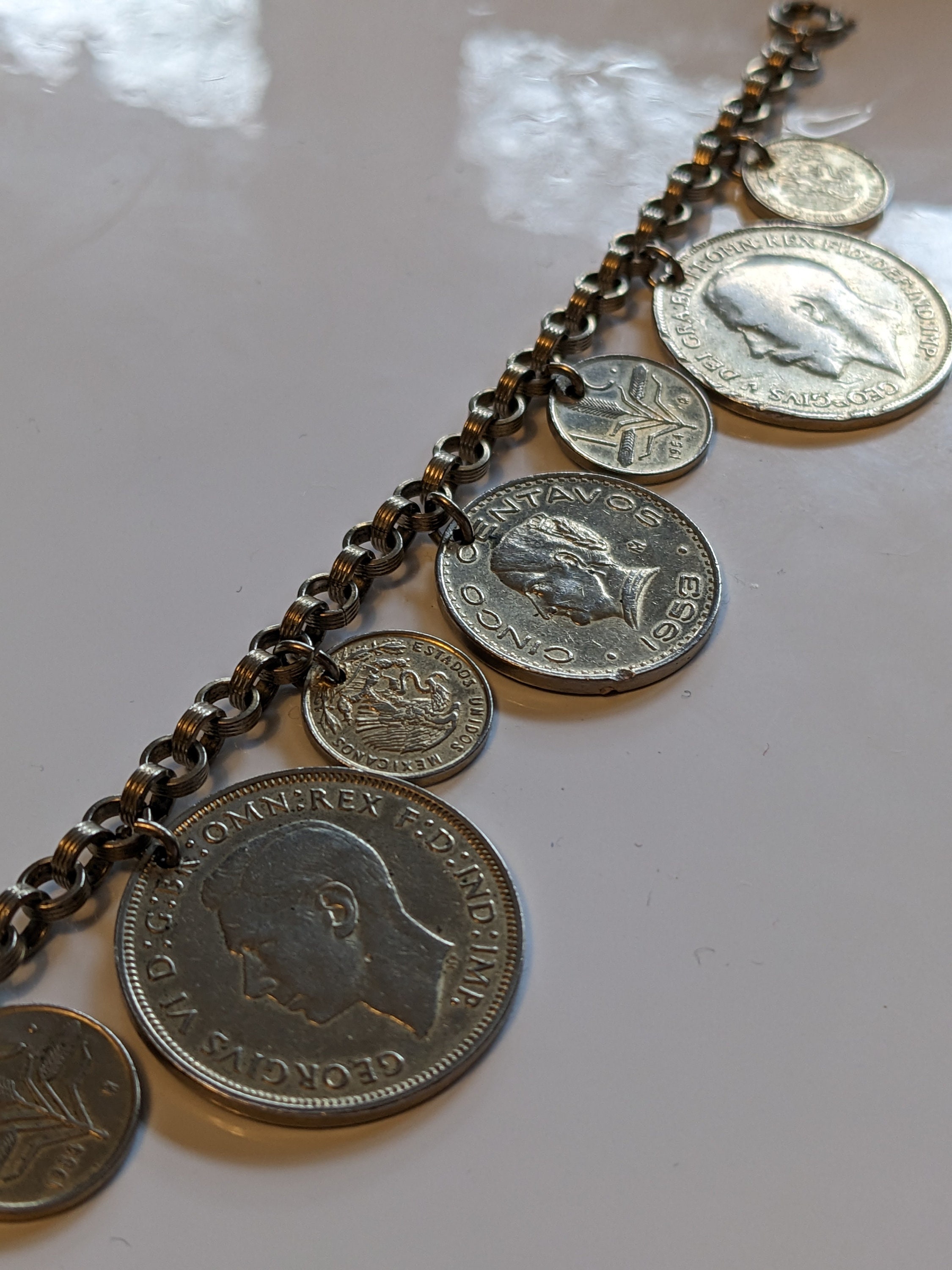 Vintage Midcentury MCM Silvertone World Coin Charm Bracelet - Etsy