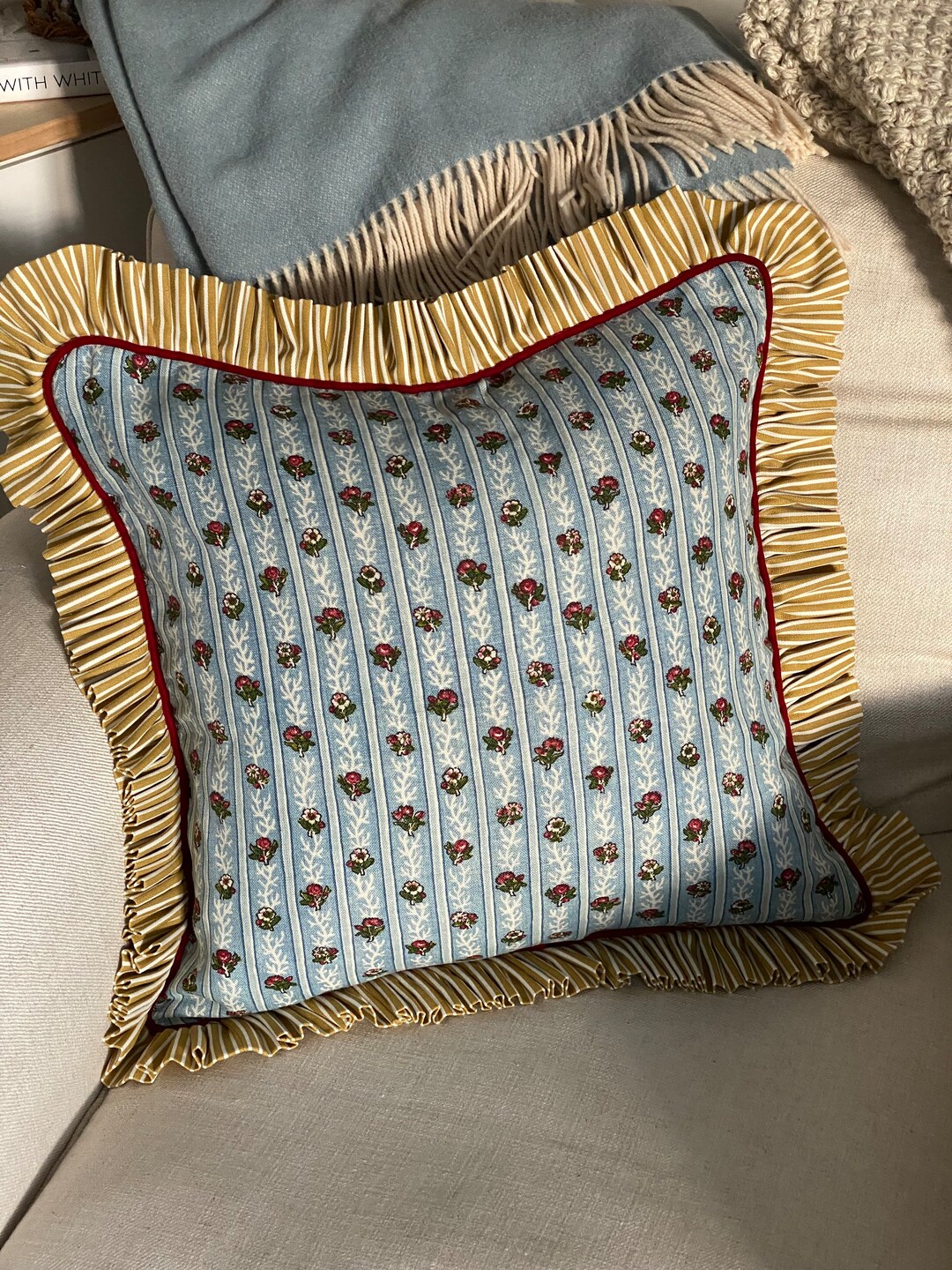 LISA FINE Designer Cushion Cover Piped and Frilled Nicobar Sky Blue ...
