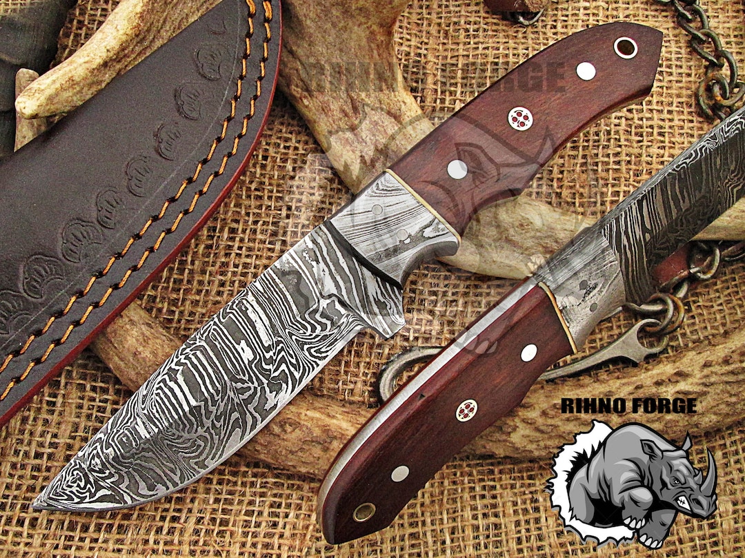 Handmade Damascus Steel Skinner Knife With Rosewood Handle & Sheath - Etsy