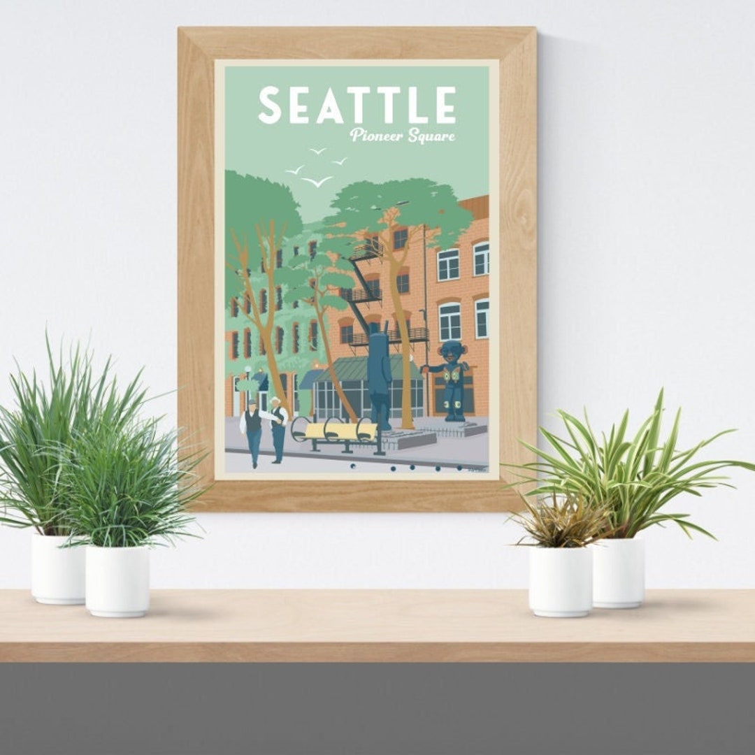SEATTLE TRAVEL POSTER - Pioneer Square- Vintage Travel Poster ...