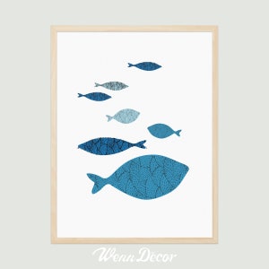 Set of 3 Prints Textured Blue Fishes Print Abstract Fish Print Nursery ...
