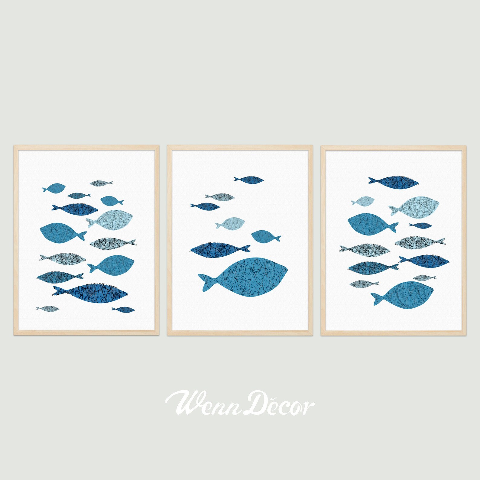 Set of 3 Prints Textured Blue Fishes Print Abstract Fish Print Nursery ...