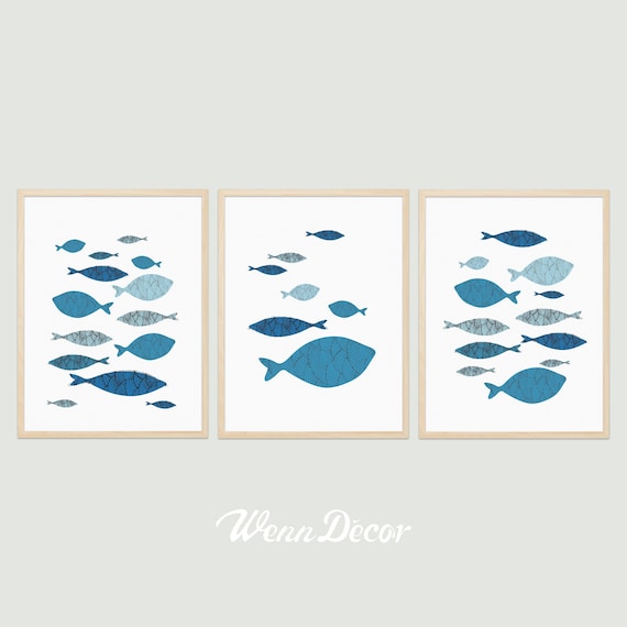 Set of 3 Prints Textured Blue Fishes Print Abstract Fish Print | Etsy