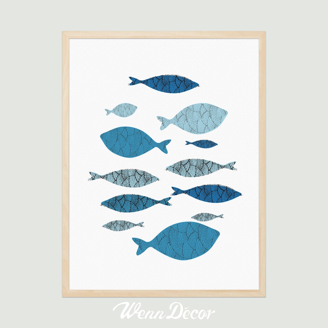 Set of 3 Prints Textured Blue Fishes Print Abstract Fish Print | Etsy