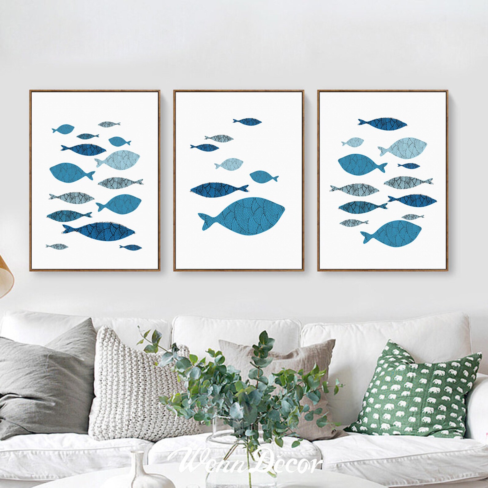 Set of 3 Prints Textured Blue Fishes Print Abstract Fish Print | Etsy