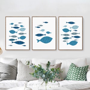 Set of 3 Prints Textured Blue Fishes Print Abstract Fish Print Nursery ...