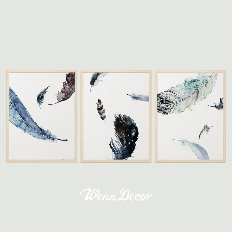 Set of 3 Prints Abstract Print Feather Print Modern Art Freehand Style ...