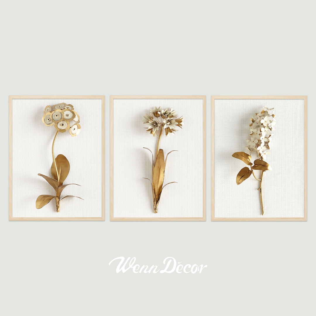 Set of 3 Prints Botanical Print Floral Print Golden Tinfoil Flowers Art ...
