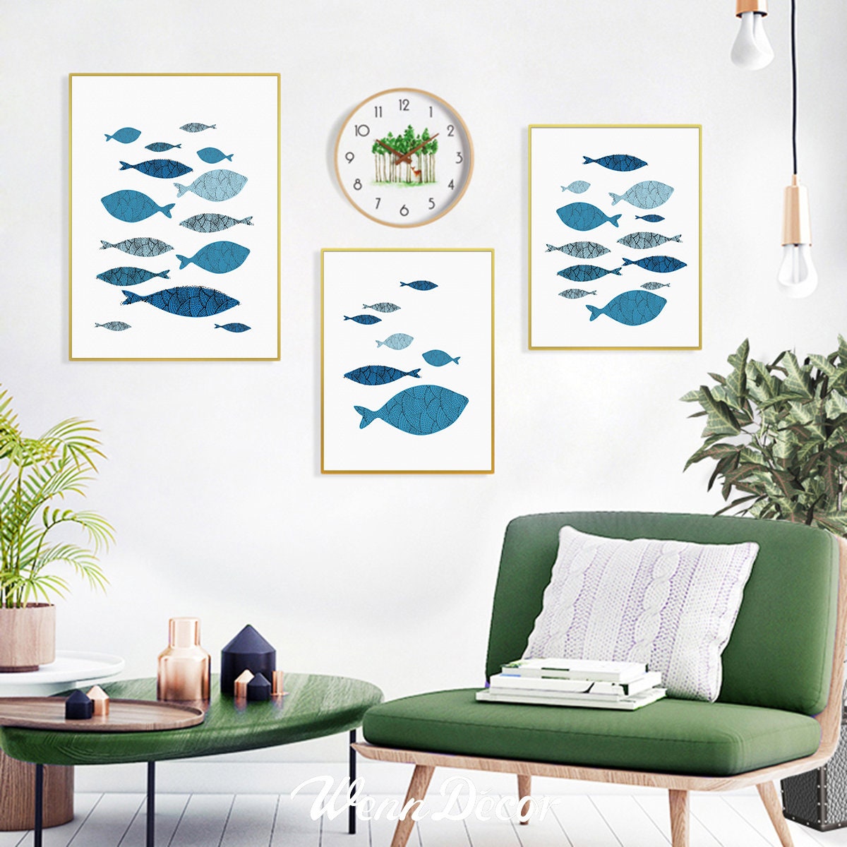 Set of 3 Prints Textured Blue Fishes Print Abstract Fish Print | Etsy