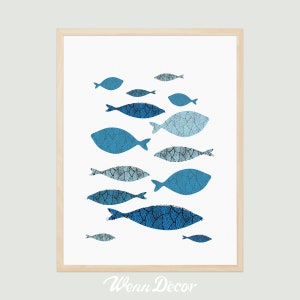 Set of 3 Prints Textured Blue Fishes Print Abstract Fish Print Nursery ...