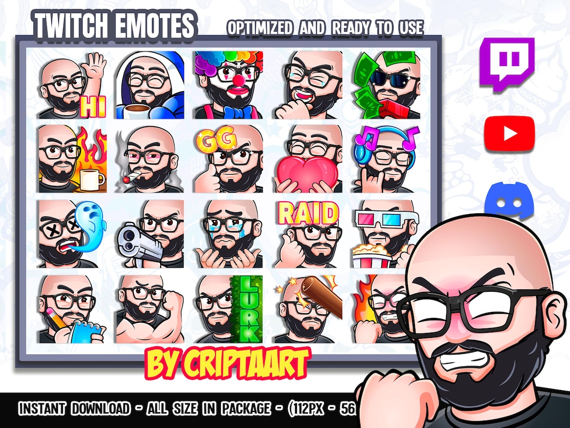Beard and Glasses Twitch Emotes, Bald Guy Mega Pack, Funny Emojis ...