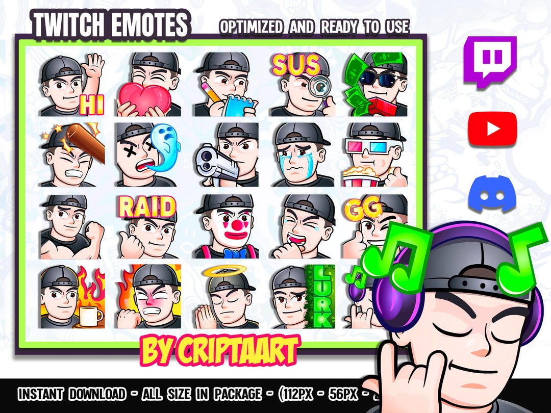 Backwards Cap Guy Emote Mega Pack, Urban Skater Bundle, Twitch Discord ...
