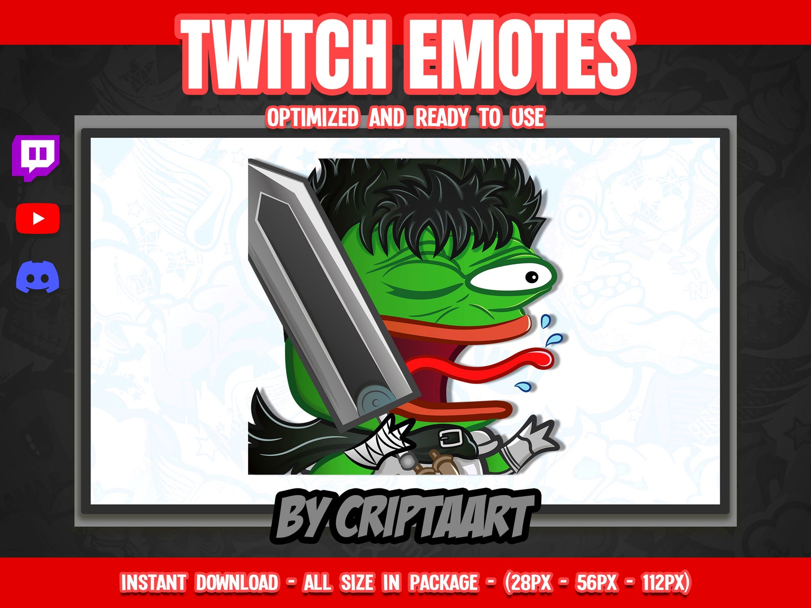 Pepe the frog swordsman Twitch emote, anime meme rage sword sub emoji ...