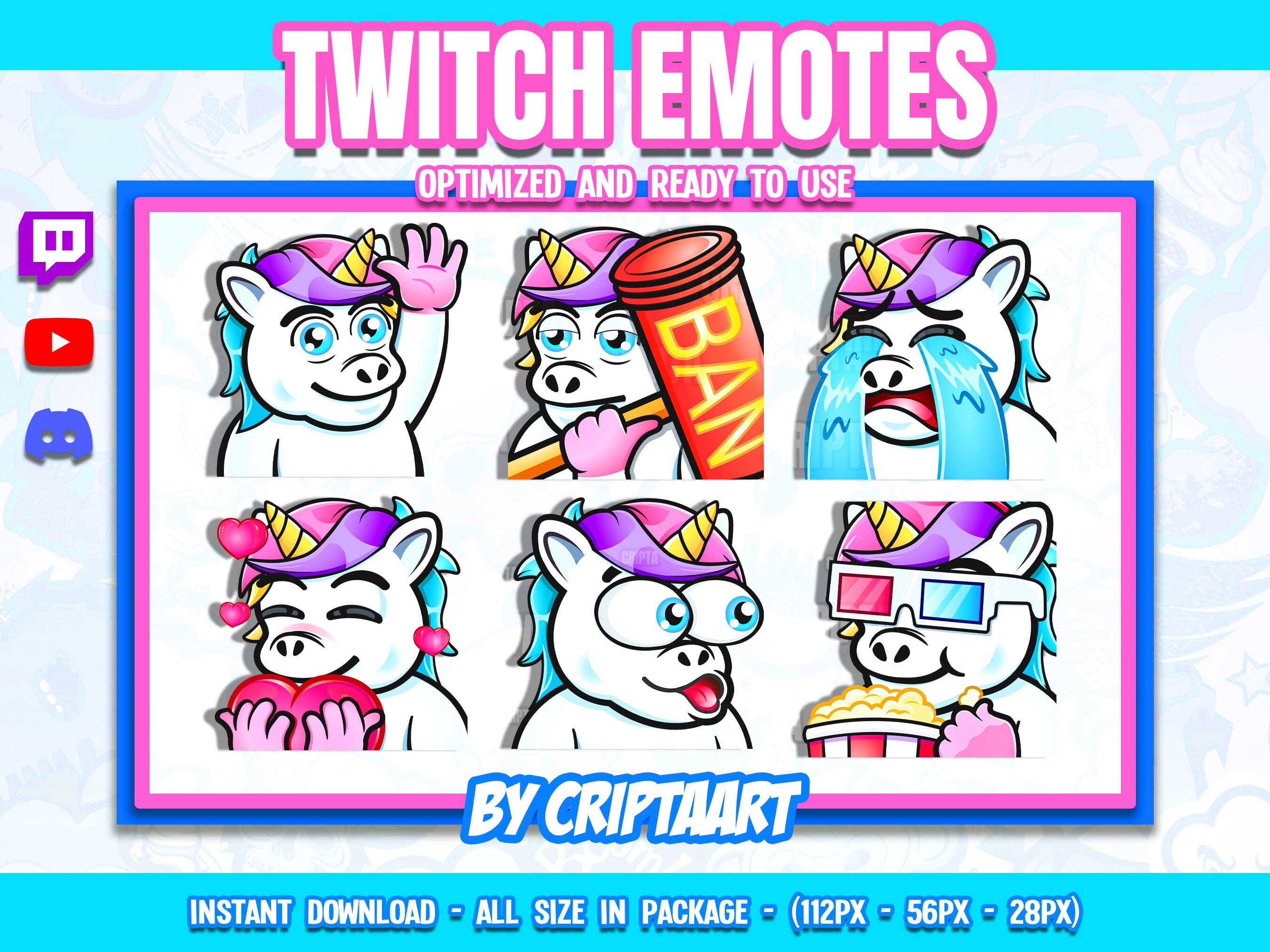 Unicorn Emotes Pack, Wave, Hammer Ban, Cry, Love, POG, Popcorn Emojis ...
