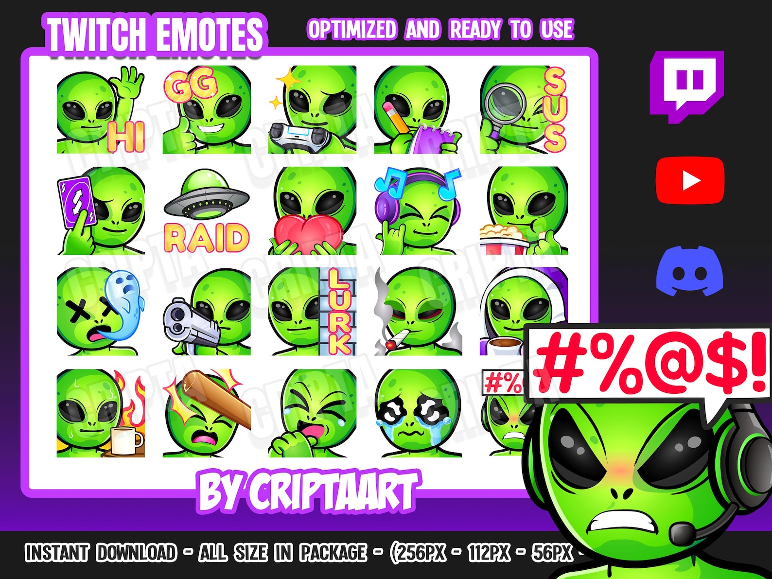 Alien Twitch Emote Mega Pack, Channel Points, Streaming, Discord, Kick ...