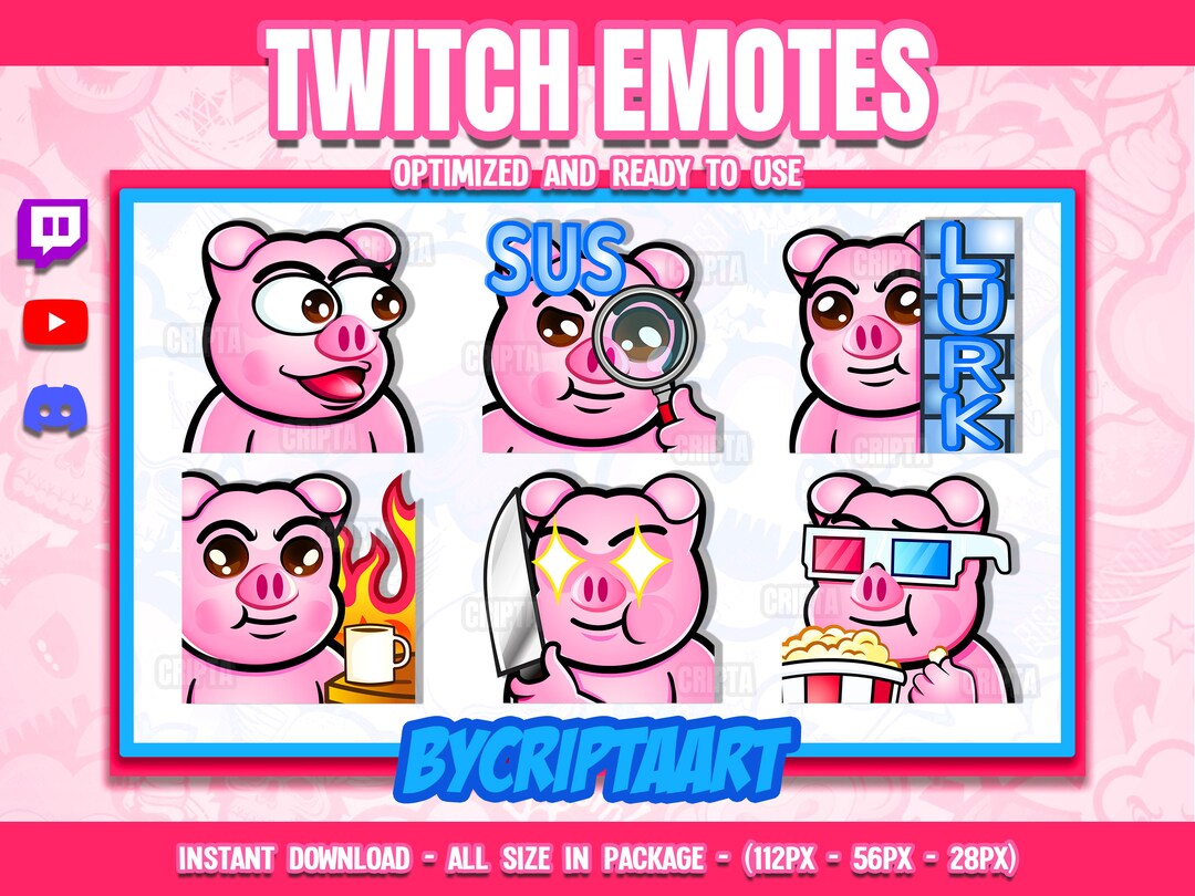 Twitch Emotes Pack Cute Pig POG Sus Lurk This is Fine Knife Popcorn ...