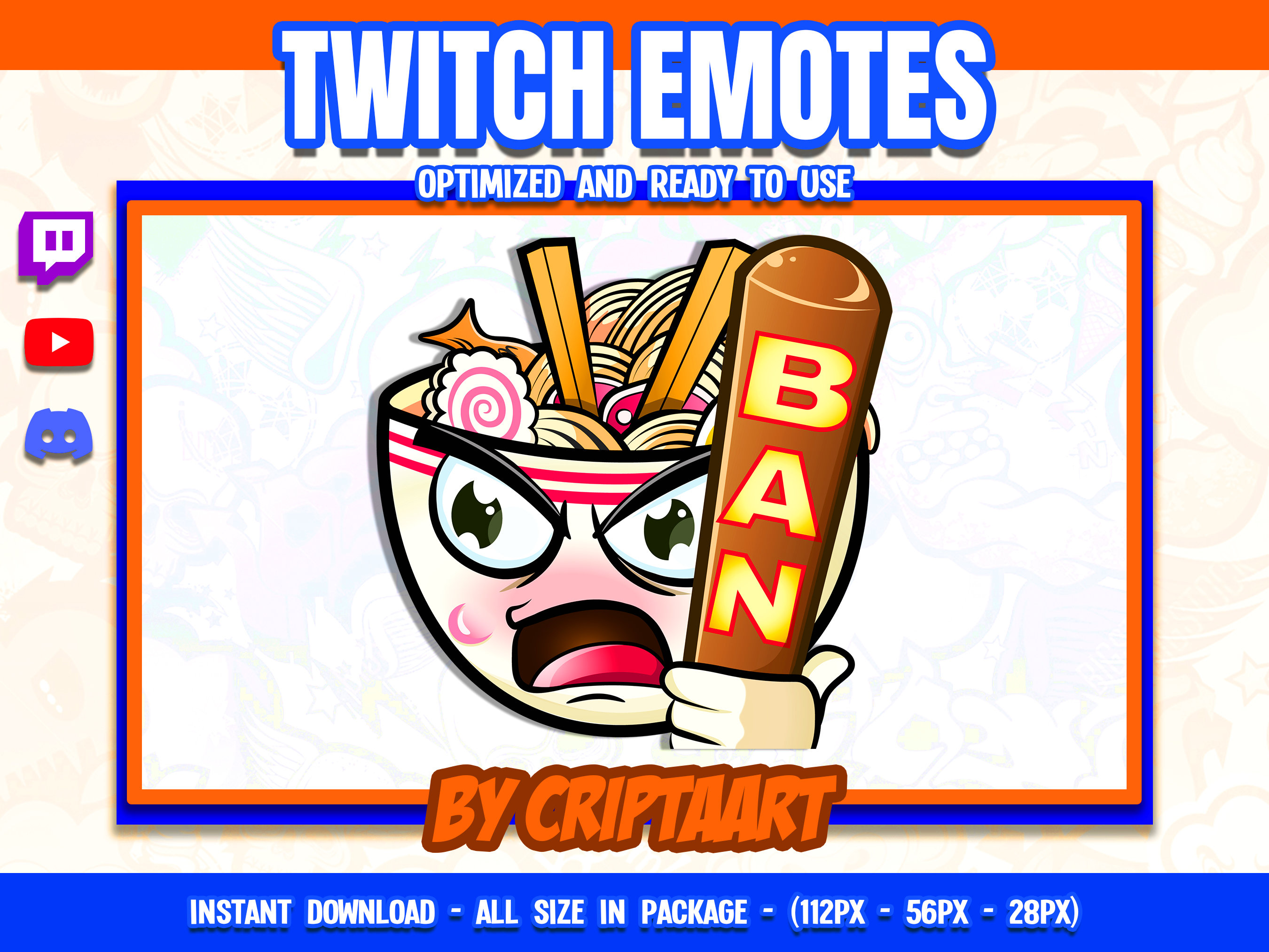 Ramen Ban Twitch Emote, Angry Ramen Rage Sub Emoji, Bat, Anime Style ...