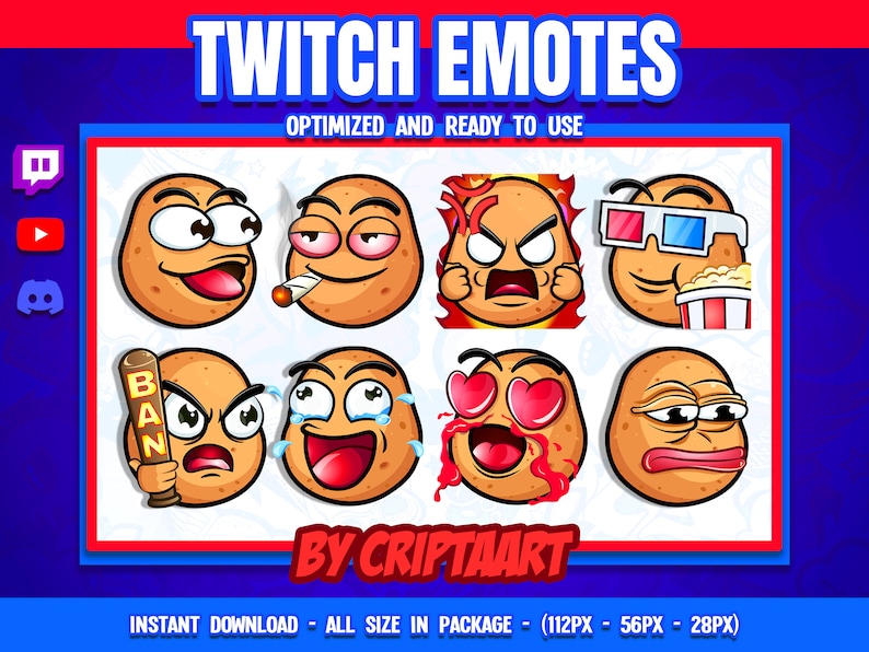 Funny Potato Emote Pack, Snack Food Graphics for Twitch, Discord and ...