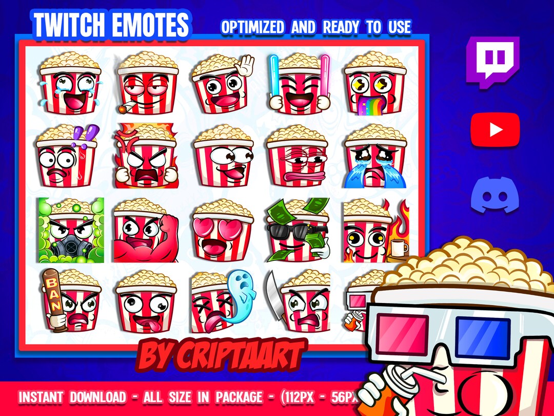 Popcorn Emotes Mega Pack, Junk Food Sub Emoji, Cinema Icons, Items for ...