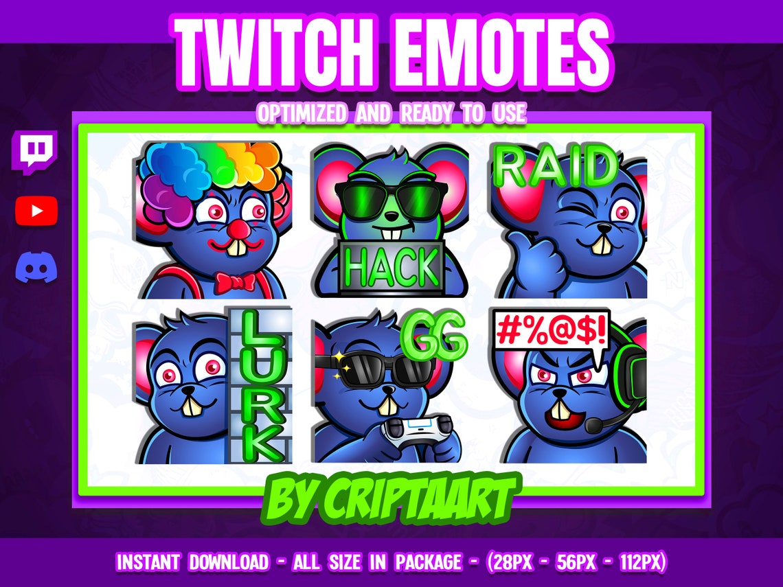 Mouse Twitch Emotes Pack, Rat, Kawaii Mice, Clown, Hackz, Raid, Lurk ...