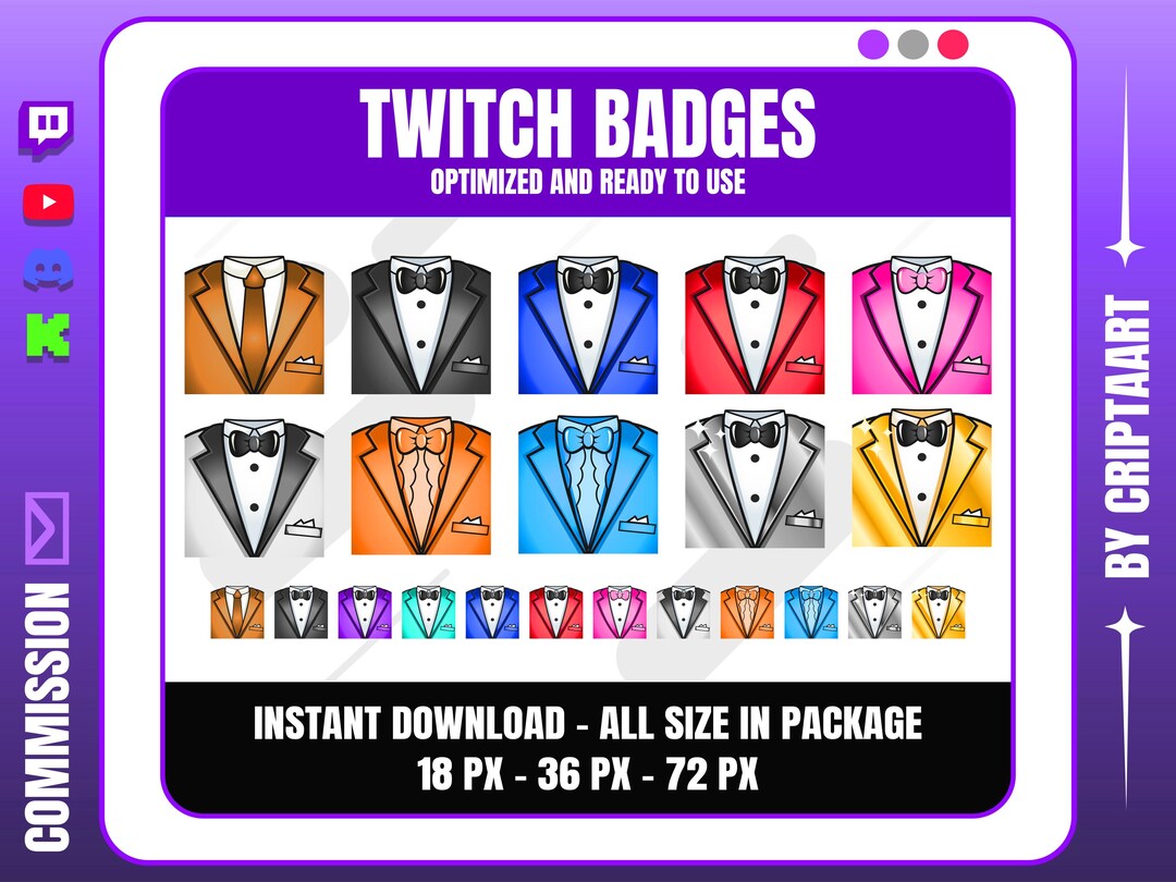 Tuxedo Twitch Badges, Elegant VIP Icons, Discord Kick Youtube, Formal ...