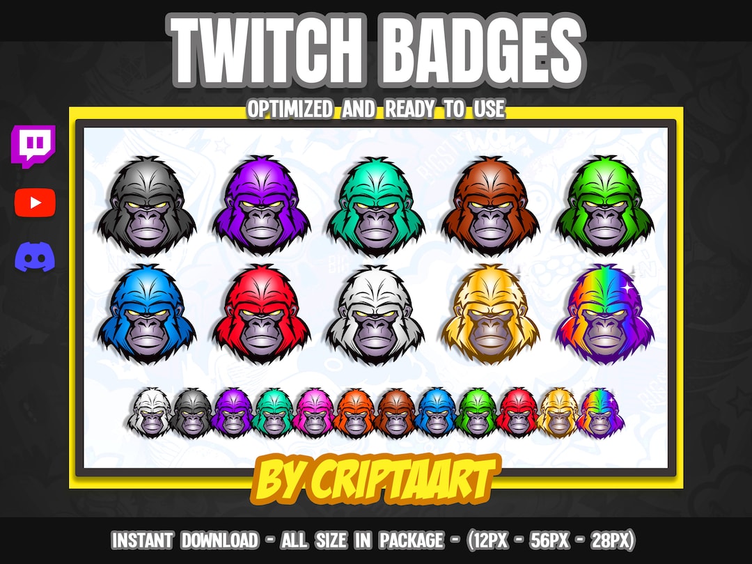 Gorilla Twitch Sub Badges, Monkey Bit Badges for Streamers, Animal ...
